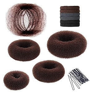 YaFex Hair Bun Maker Kit, 4 Pieces (1 Large, 2 Medium and 1 Small), A-Brown, 30 Pieces Accessories Including Hair Nets, Elastic Hair Ties, Hair Bobby Pins