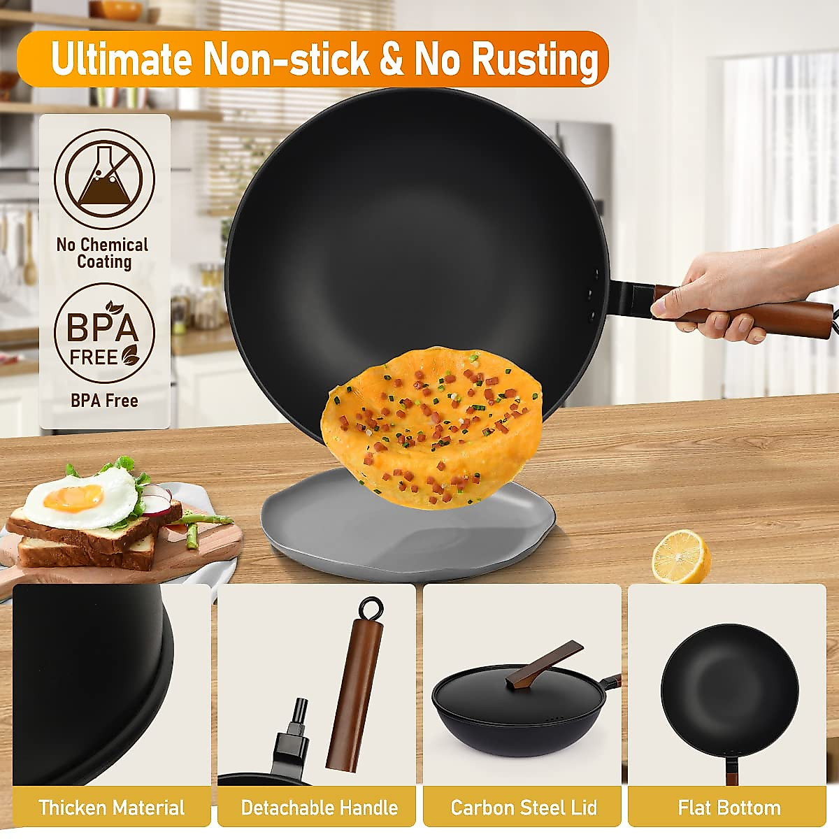 HIHEGD Carbon Steel Wok, 13 Inch Wok Pan with Lid Woks & Stir-Fry Pans with Spatula, No Chemical Coated Flat Bottom Wok for Induction, Electric, Gas Stove, All Stoves