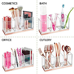 mDesign Plastic Makeup Organizer Caddy Bin with 3 Sections for Bathroom Vanity Countertops or Cabinet: Stores Makeup Brushes, Eye and Lip Pencils, Lipstick, Lip Gloss, Concealers - Clear/Rose Gold