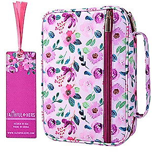 Floral Bible Cover Case with Scripture Carrying Book Case Church Bag with Leather Bookmark Protective with Handle, Zipper and Pockets for Standard Size Bible, Gift for Women Girl Kids 10“x7.5”x2.5"