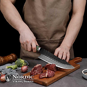 Nordic New Viking Series Professional 8 Inch Chef Knife, Damascus Chef Knife, 67 Layers, Hand Forged Chef Knife with Resin and Maple Wood Handle and Leather Sheath
