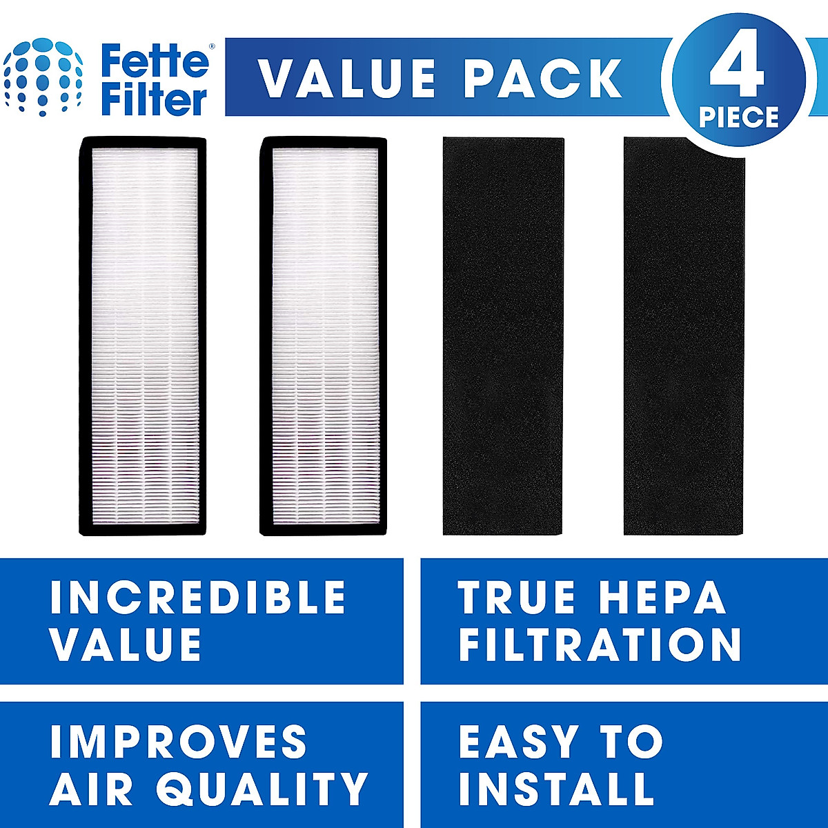 Fette Filter - 2 Pack Premium T500 True HEPA Filter Replacements Compatible with Air Purifier Filter T500 tower. Compare to Part # TF60-MP & TF60-MP (Includes 2 Hepa & 2 Carbon Filters)
