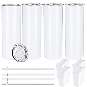 20oz Sublimation White Straight Blanks Skinny Tumbler with Straw, Sublimation Tumblers for Heat Transfer, Stainless Steel Travel Mug Double Wall Insulated Tumbler | Vinyl DIY Gifts, White 4 Pack