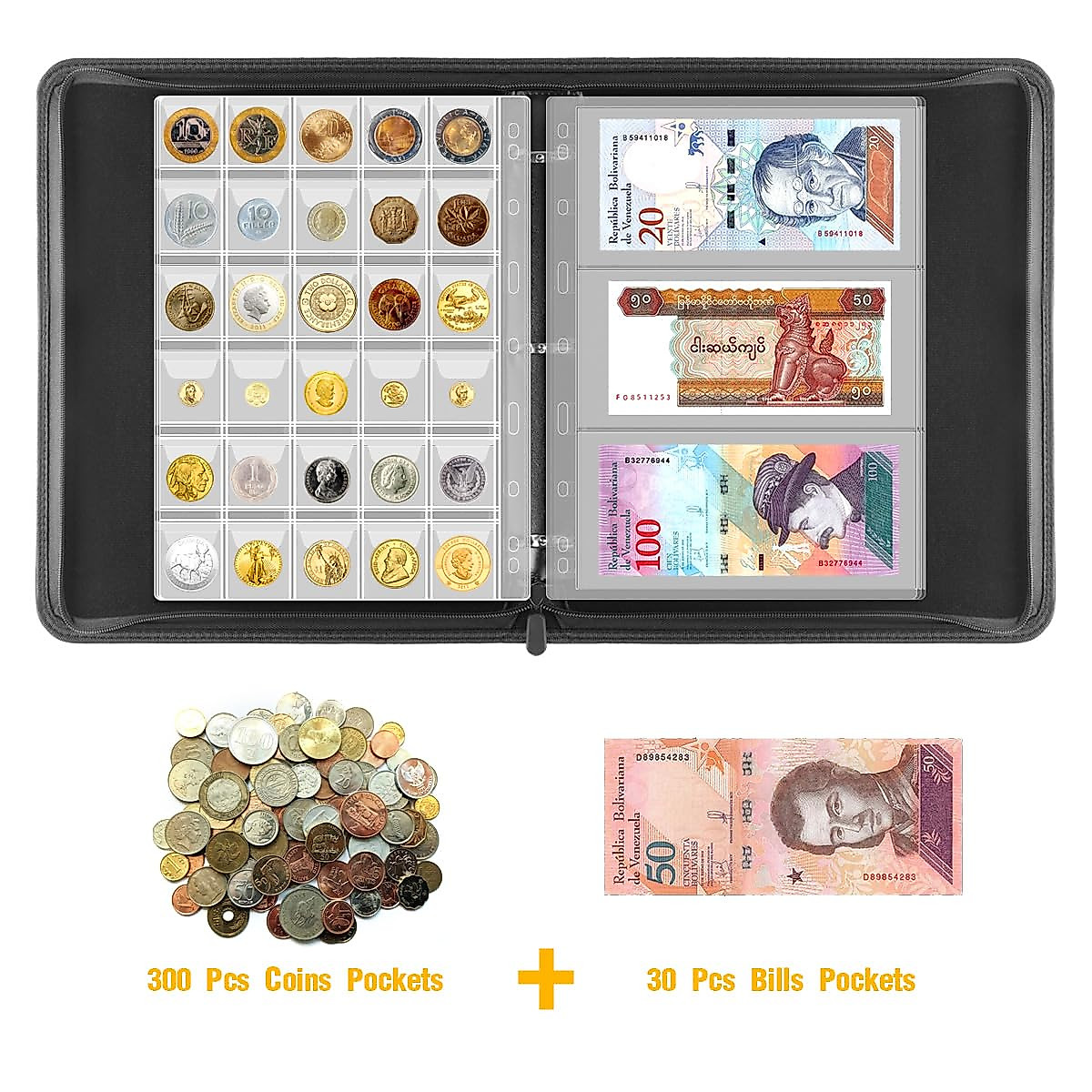 Silph PLC Coin Collection Book Holder for Collectors, Coin Album Binder Storage Box Case for Money Currency Collection Supplies - [300 Coins Pockets+30 Bills Pockets]