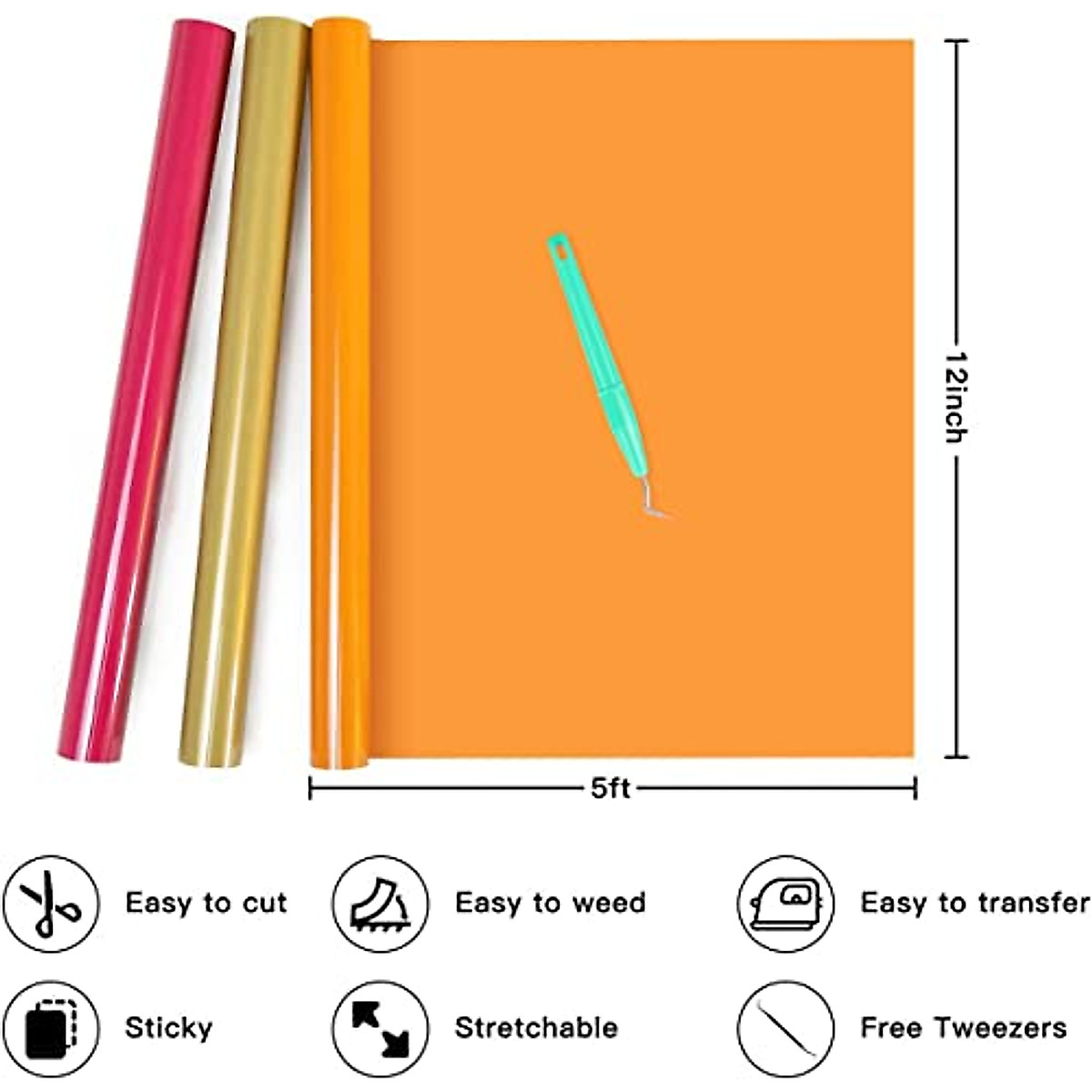 HTVRONT HTV Heat Transfer Vinyl Bundle (12 Pack) - 12 Inch by 5 Feet HTV Vinyl Rolls, Easy to Cut Iron on Vinyl for Cricut & Cameo, Easy to Weed Heat Transfer Vinyl