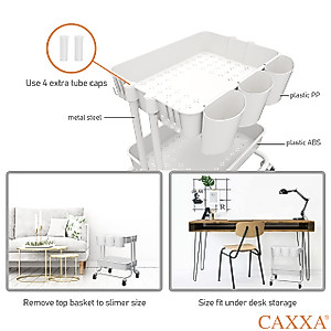 CAXXA 3-Tier Rolling Storage Organizer with 3 Small Baskets - Mobile Utility Cart with Caster Wheels (White)