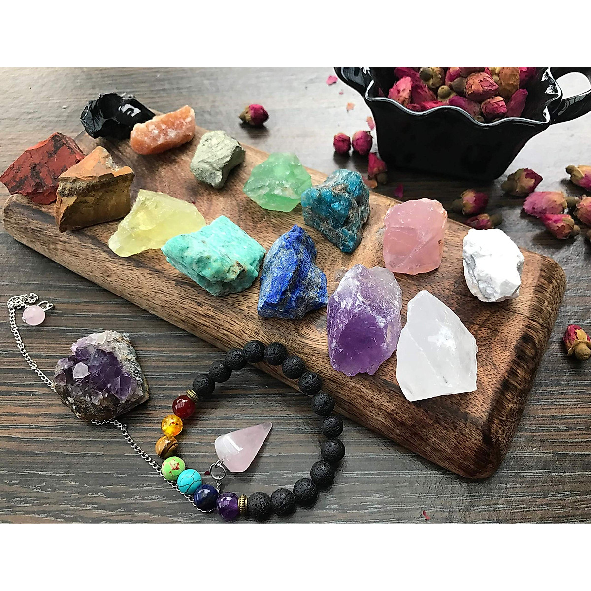 Chakra Therapy Starter Collection 17 pcs Healing Crystals kit, 7 Raw Chakra Stones,7 Colorful Gemstones, Amethyst,Rose Quartz Pendulum,Chakra Lava Bracelet,Dry Roses,Guide,COA,Gift Ready