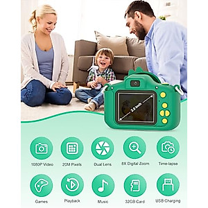 Kids Camera for Boys Girls Toddlers Childrens 3-8 Years Old Christmas Birthday Gifts Toys Selfie Digital Dual Camera with 32GB Card