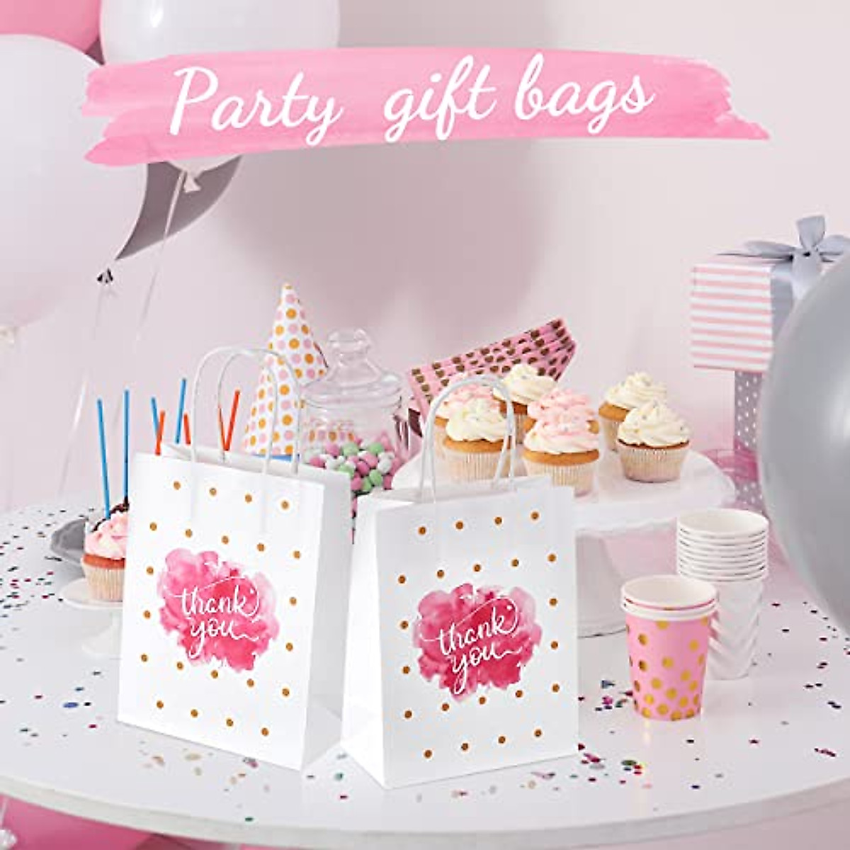 80 Pcs Thank You Gift Bags with Handles Pink Paper Bags for Small Business 8 x 4 x 10 Inch Small Paper Bags with Handles Retail Bags Thank You Bags for Boutique, Business, Wedding Favors, Gifts