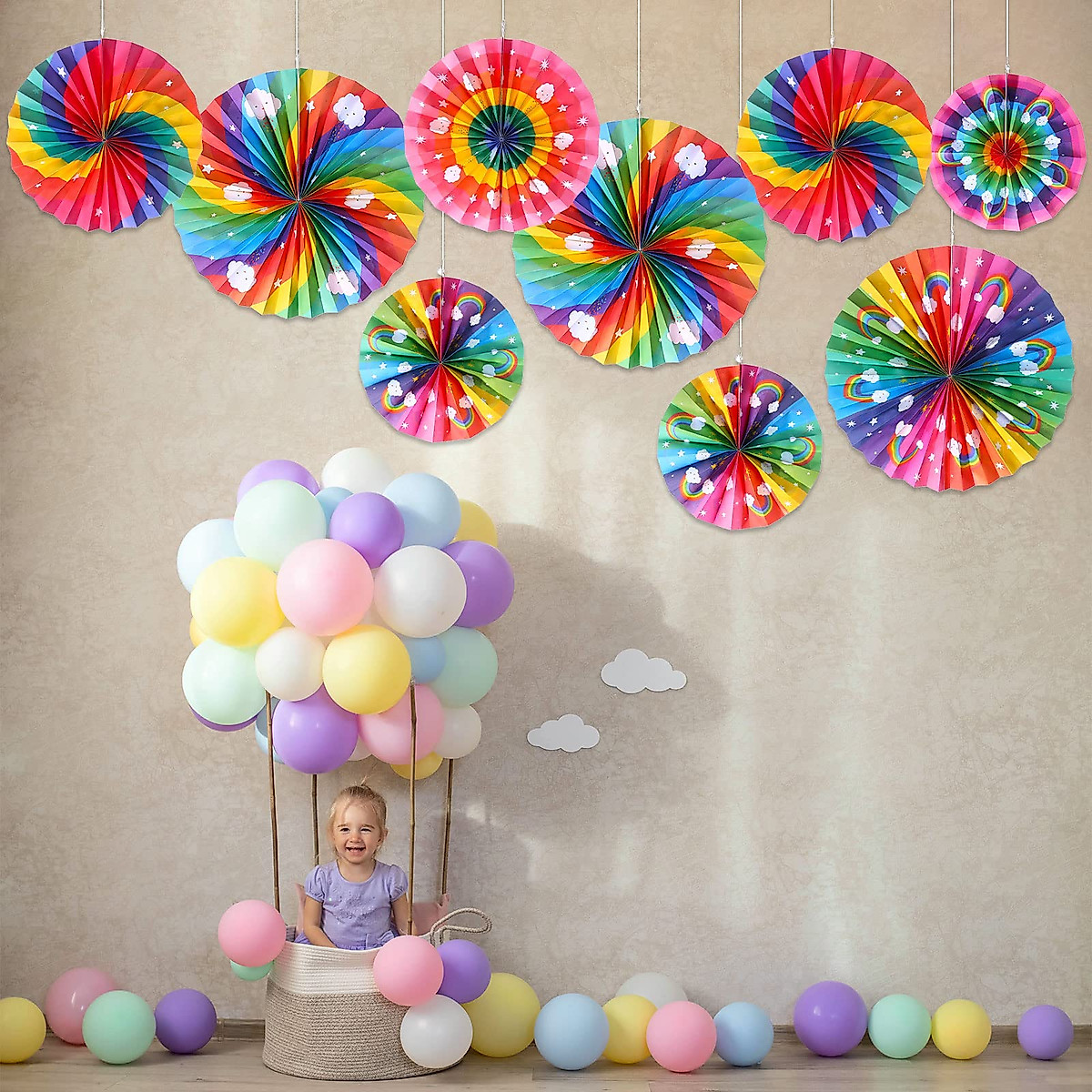 Outus 9 Pcs Rainbow Party Decorations Paper Fans Boho Classroom Decorations Boho Bulletin Board Ceiling Wall Hanging Paper Fans for Baby Shower Rainbow Birthday Decorations and Supplies