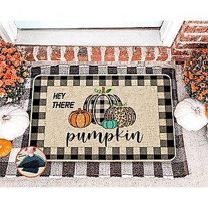 Gsofly Thanksgiving Day Decorations for Home - Fall Door Mat, Decorative Fall Welcome Mat with 4Pcs Rug Gripper, Buffalo Check Plaid Pumpkin Door Mats for Indoor Outdoor - 18"x30" (Hey There Pumpkin)