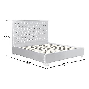 Meridian Furniture Lexi Collection Modern | Contemporary Velvet Upholstered Bed with Deep Tufting, Polished Chrome Stainless Steel Frame and Legs, King, Grey