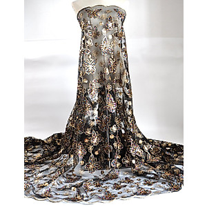 SanVera17 African Fabric Sequins Rope Embroidered Net Fabrics Butterfly Battern Base Fabric Color (Black) for Party Dress 5 Yards