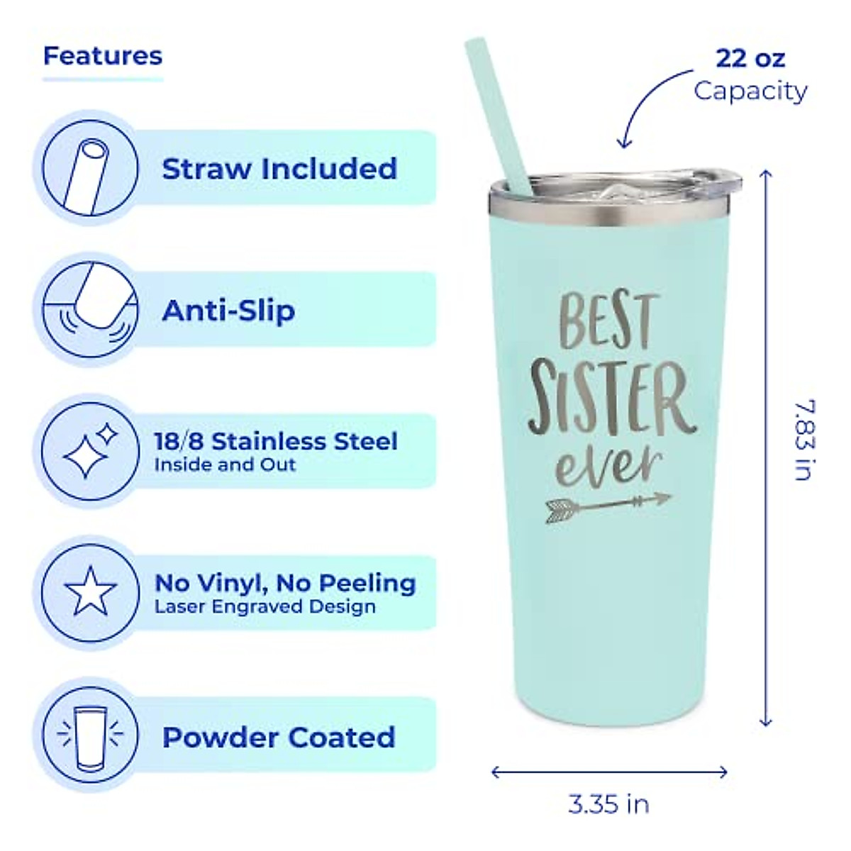 Best Sister Ever Insulated Stainless Steel Tumbler Cup with Slide Close lid and Straw - Insulated Mugs for Coffee, Wine & Travel, Personalized & Funny Mugs - Best Little Sister - Big Sister Presents