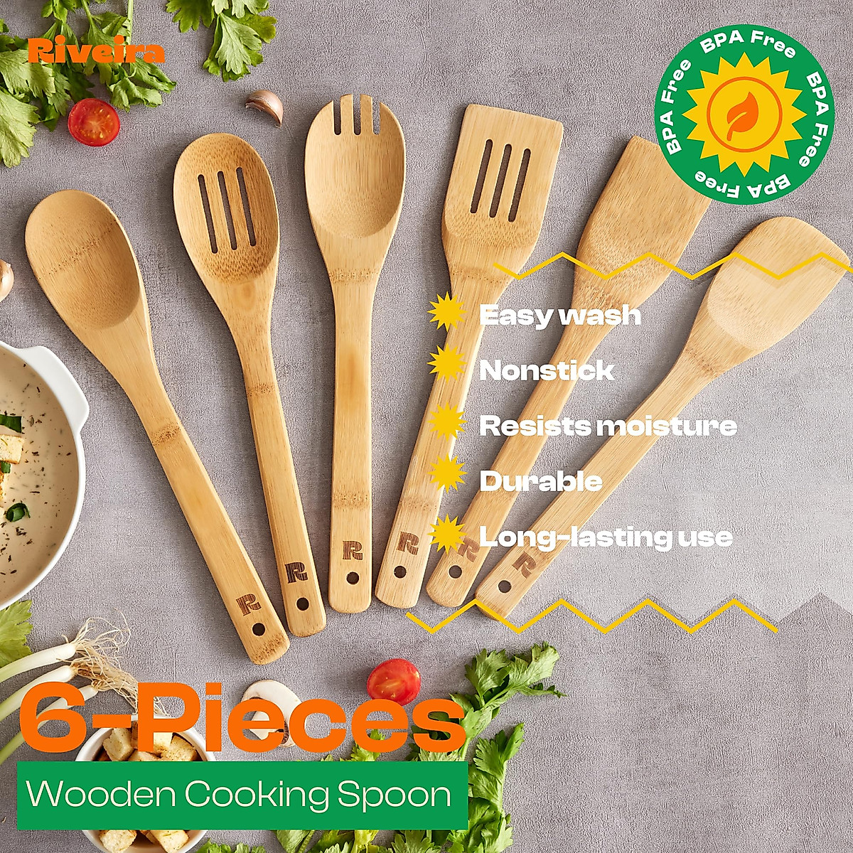 Riveira Wooden Spoons for Cooking 6-Piece Bamboo Utensil Set Apartment Essentials Wood Spatula Spoon Nonstick Kitchen Utensil Set Premium Quality Housewarming Gifts Wooden Utensils for Everyday Use