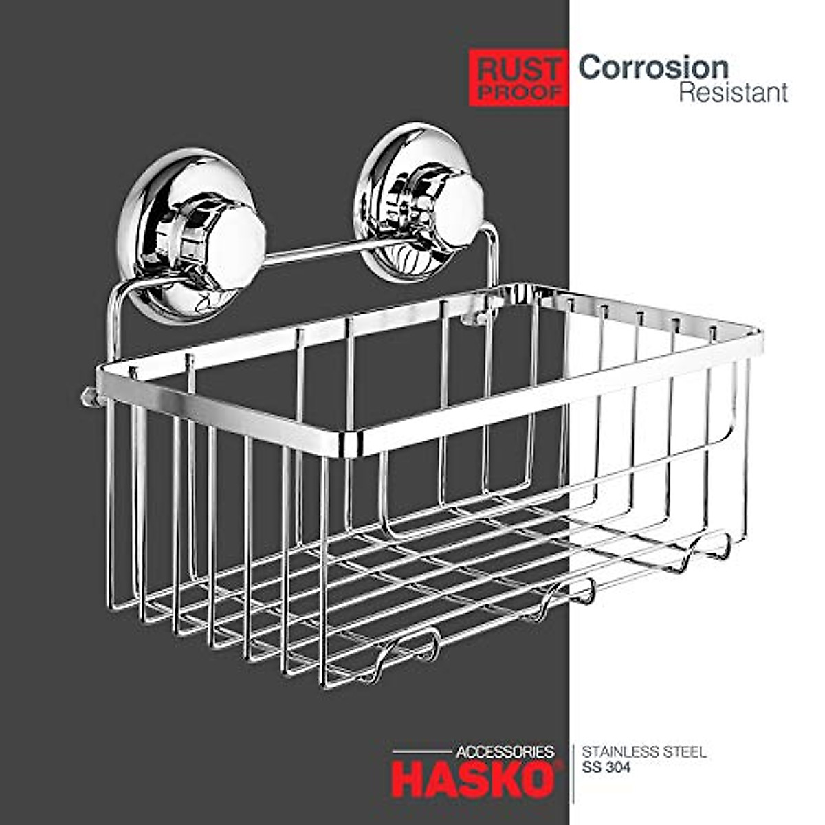 HASKO accessories Vacuum Suction Cup Shower Caddy | Deep Basket Organizer for Shampoo with Hooks | Adhesive 3M Stick Discs | Holder for Bathroom Storage | Polished Stainless Steel SS304