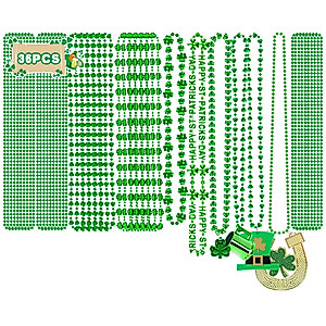 36PCS St. Patricks Day Beads, Irish 8 Kinds of St Patricks Necklace Necklace, Metallic Shamrock Beer Mug Coins Pendants Beads Necklaces, Adult St Patricks Necklaces Bulk for Parade Party Supplies