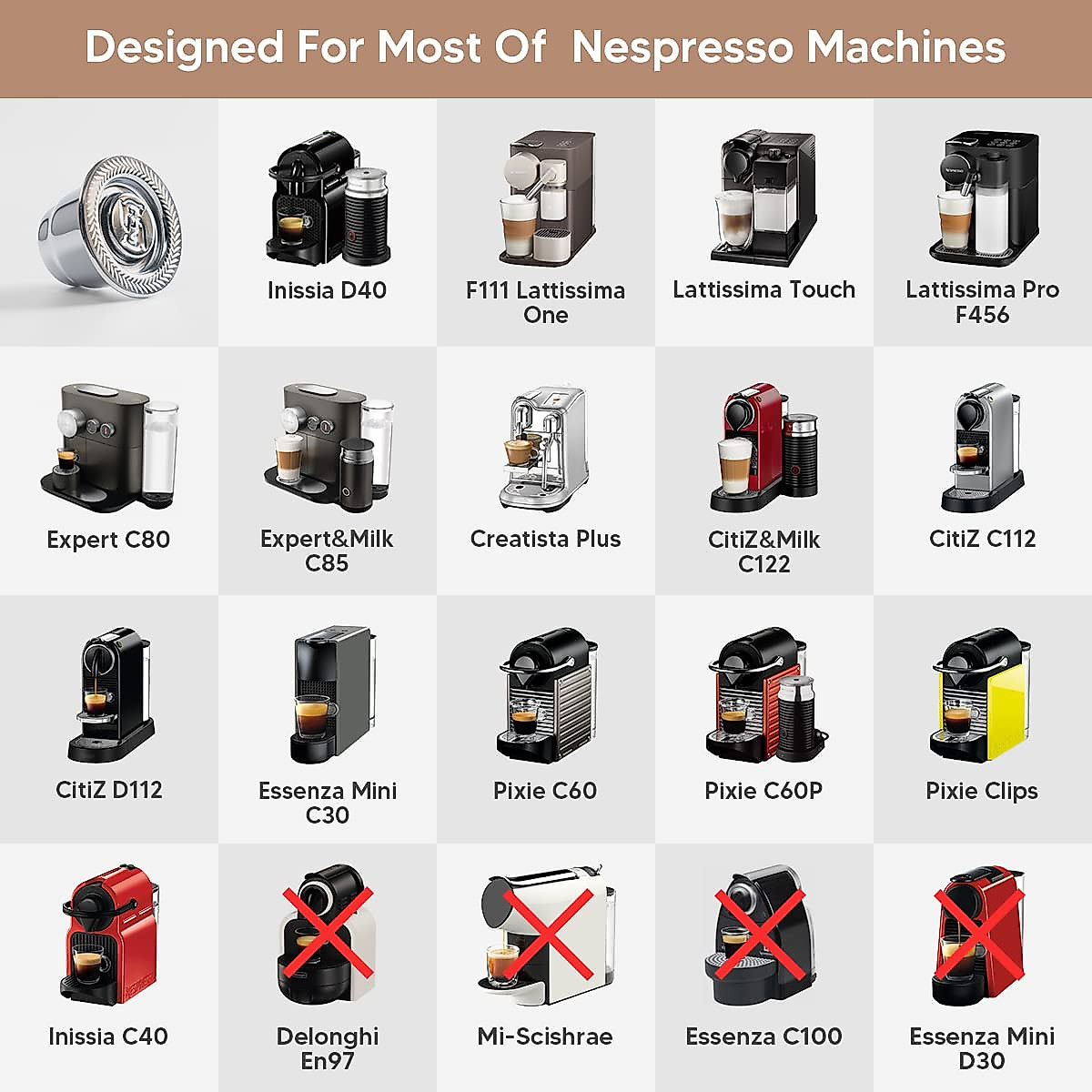 MG Coffee Stainless Steel Reusable Nespresso Capsules Permanent Coffee Pod Holder Compatible for Nespresso Machines (Silver capsules tamper)