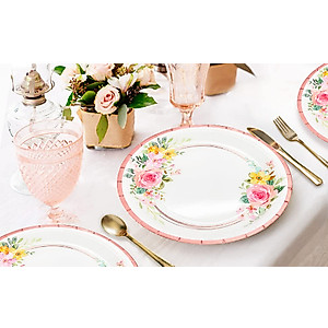 HOMIX Floral Paper Plates and Napkins Cups Sets Pink Flower Tea Party Supplies Disposable Dinnerware Sets Serves 24 for Bridal Shower, Birthdays