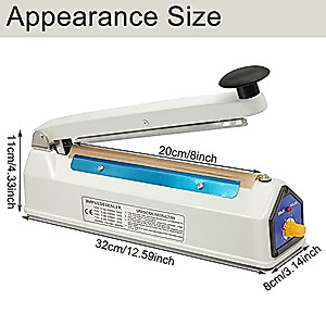 Impulse Sealer 8 Inch Heat Sealer for Plastic Bags, Plastic Mylar Bag Sealer, Iron Shell, Manual Poly Bag Heat Sealer Machine, 3mm Sealing, 4 Replacements Kit (2 Cutting Lines Included)
