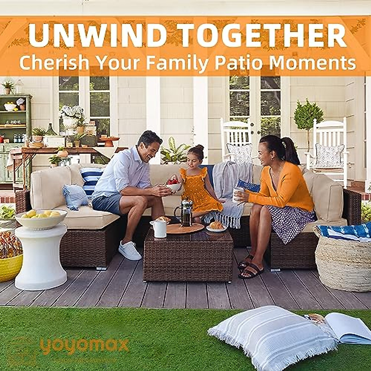 yoyomax, Light Brown Outdoor Clearance, 7 Pieces Patio Furniture All Weather PE Rattan Wicker Conversation Sofa Set w/6 Chairs, Pillows, Coffee Table for Balcony Backyard Garden, 7PCS-B