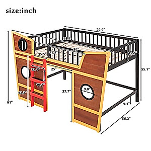 Harper & Bright Designs Full Size Loft Bed with Underbed Storage Space, Boat Shaped Kids Loft Bed with Safety Guardrails and Ladders, Wood Low Loft Bed for Kids Teens Boys & Girls (Full, Walnut)