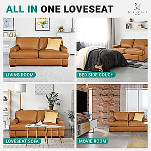 Naomi Home Siggy Genuine Leather Loveseat - Luxurious Comfort, Goose Feather Cushion Filling, Square Arm Design, Sturdy Block Legs, Elegant Tan - Ideal for Living Room, Office, or Bedroom
