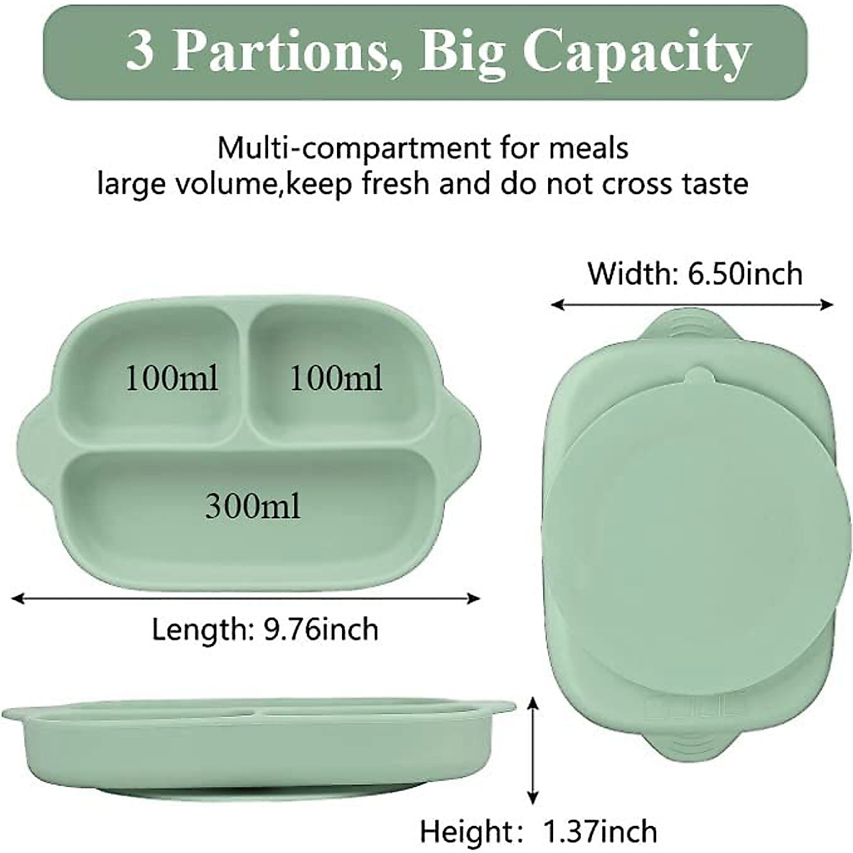 ACWIWIL Toddler Plates with Suction, 100% Food Grade Silicone Divided Plates, Baby Plates & Dishes, BPA Free, Microwave & Dishwasher Safe-Set of 1-Green