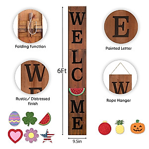 72in Outdoor Welcome Sign for Front Porch Decor, Interchangeable Seasonal Icons Vertical Welcome Sign, Modern Farmhouse Decor for The Home, Wooden Welcome Sign Rustic Brown (9.5" W x 72" H)