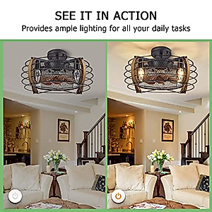 SADENICEL Farmhouse Caged Fan with Lights Remote Control, 17 Inch Low Profile Bedroom Fans, Rustic Ceiling Fans for Kitchen, Dining Room (Antique Wood-E)