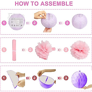 29 PCS Pink and Purple Party Decorations Set, Tissue Paper Pom Poms Paper Lanterns Honeycomb Balls Circle Dots Garland Butterfly Hanging Swirl Butterfly Decorations for Bridal Showers