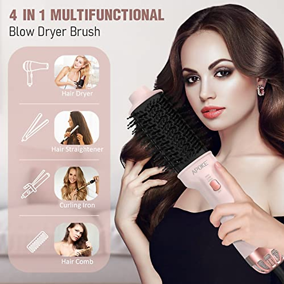 APOKE One Step Hair Dryer Brush and Styler Volumizer, Multifunctional 4 in 1 Ceramic Tourmaline Negative Ion Hot Air Styling Brush, Professional Salon Blow Dryer Brush for Drying Curling Straightening
