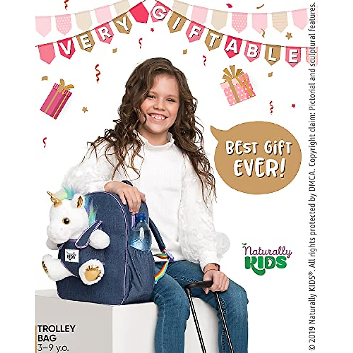 Naturally KIDS Rolling Backpack for Girls, Toddler Luggage for Girls, Toddler Suitcase for Girls, Toddler Unicorn Backpack for Girls 4-6, Kids Backpacks Girls Kindergarten, Roller Backpacks Girls Boys