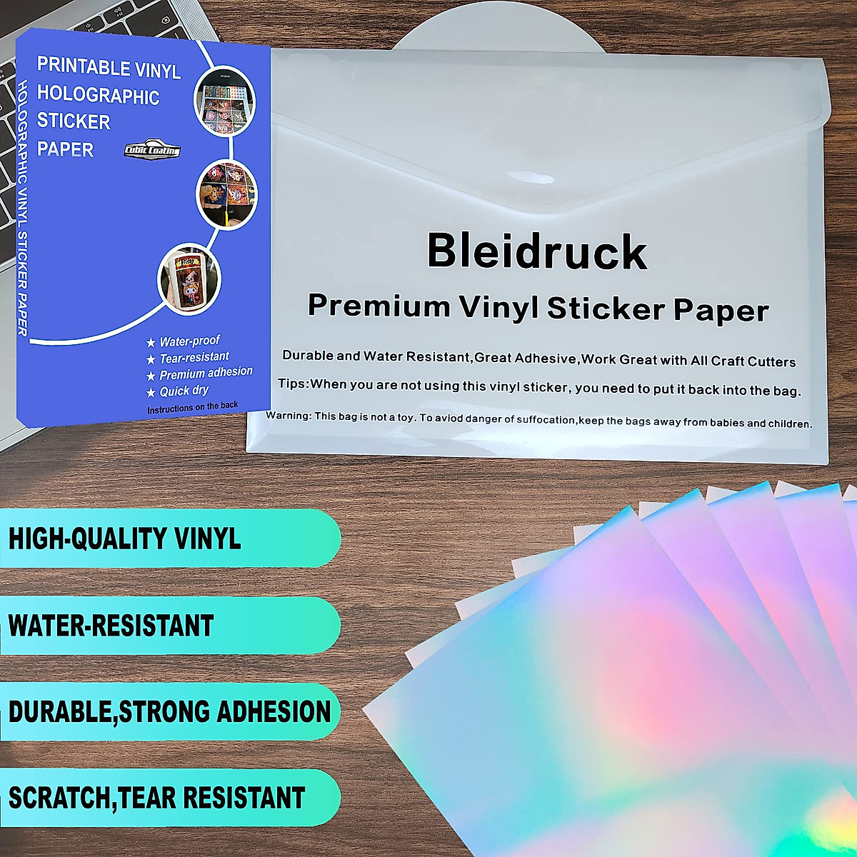 20 Sheets Holographic Sticker Paper 8.5x11 inch Printable Waterproof Sticker Paper Rainbow Vinyl Sticker Paper for Inkjet or Laser Printer