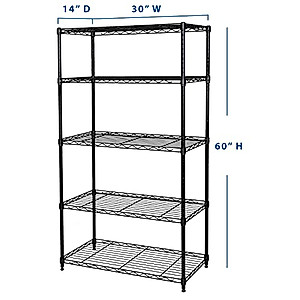 Seville Classics Solid Steel Wire Shelving Storage Unit Adjustable Shelves Organizer Rack, for Home, Kitchen, Office, Garage, Bedroom, Closet, Black, 5-Tier, 30" W x 14" D (New Model)