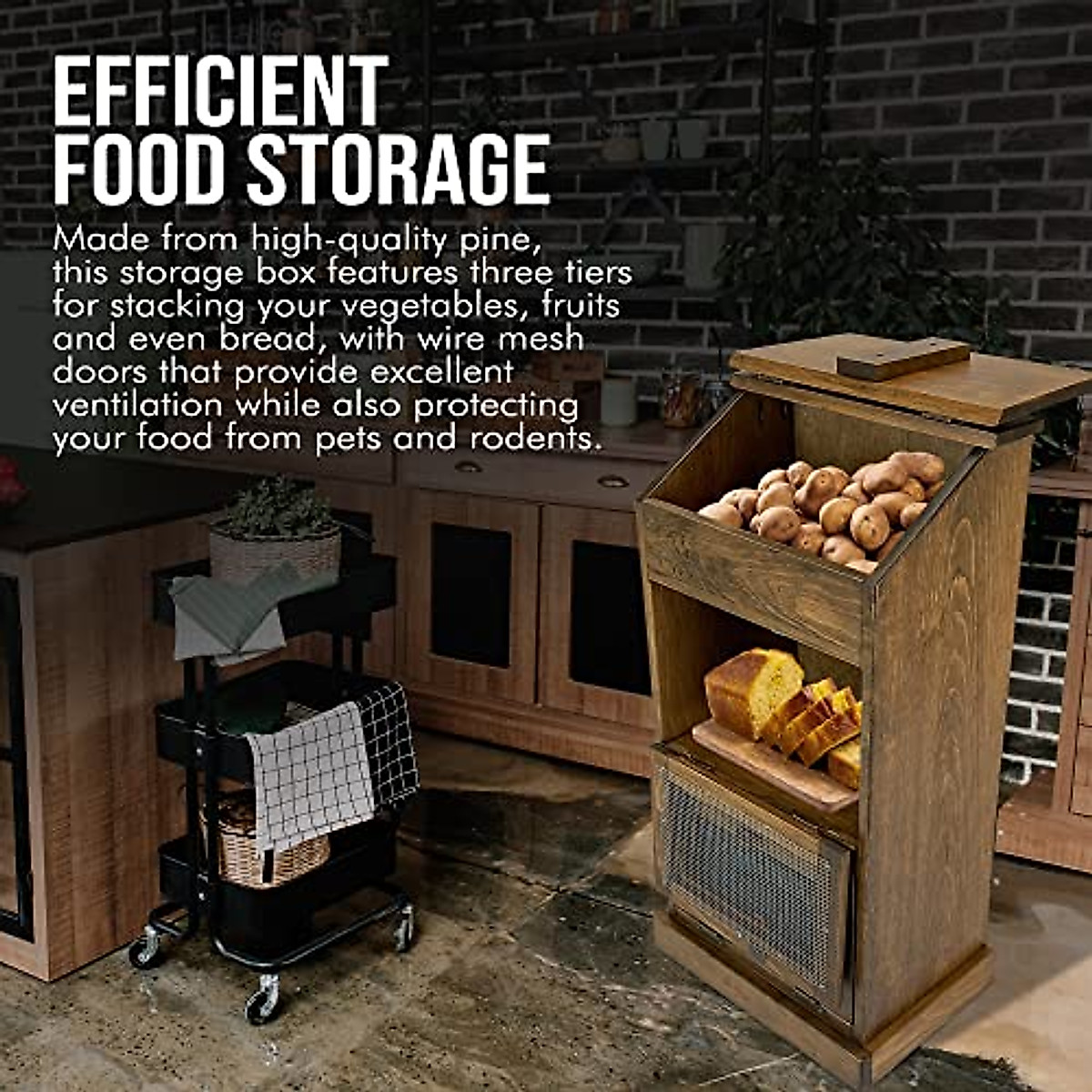 Peaceful Classics Potato Storage Wood Box, Wooden Bread Storage Bins, Decorative Potato and Onion Storage Bin, Potato Bin w/Grocery Section, Wooden Vegetable Storage for Kitchen Pantry, Special Walnut