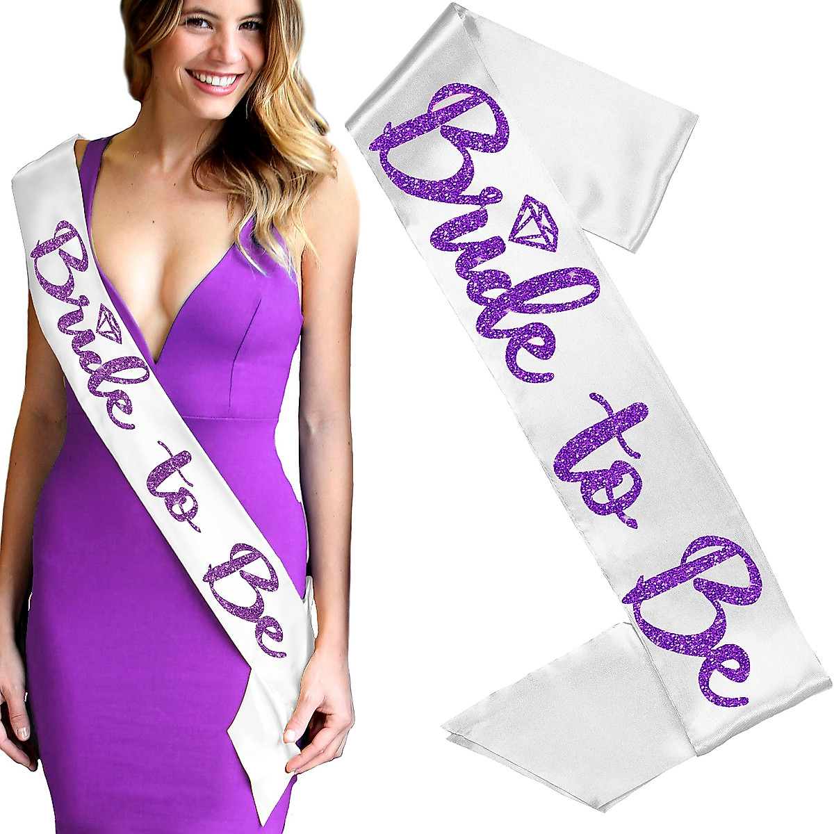 Bride To Be Sash Purple - BRIDAL GRADE SATIN Silver Sparkle Diamond Bride To Be Violet Purple Sash - Bridal Shower Gifts - Purple Sash(SlvDiaB2B)
