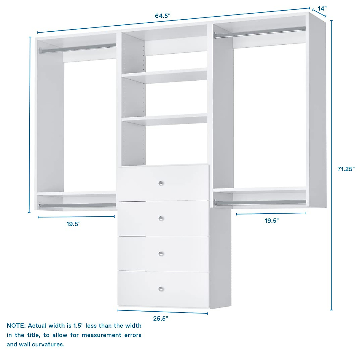 Closet Kit with Hanging Rods, Shelves & Drawers - Corner Closet System - Closet Shelves - Closet Organizers and Storage Shelves (White, 66 inches Wide) Closet Shelving