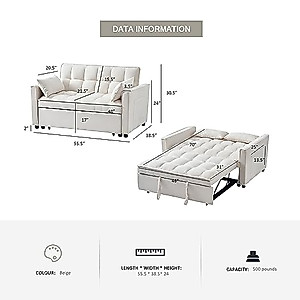 Ugijei 55.5'' 3-in-1 Convertible Sleeper Sofa Bed, Velvet Pull Out Sofa Bed with Pull Out Bed, Adjustable Backrest, Storage Pockets & Pillows, Modern Pull Out Couch for Living Room Furniture (Beige)