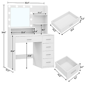Quimoo Makeup Vanity Desk with Mirror & Lights, Vanity Desk with 5 Drawers & Storage Shelves, Vanity Table, 3 Color Modes & Adjustable Brightness Dressing Table, Bedroom