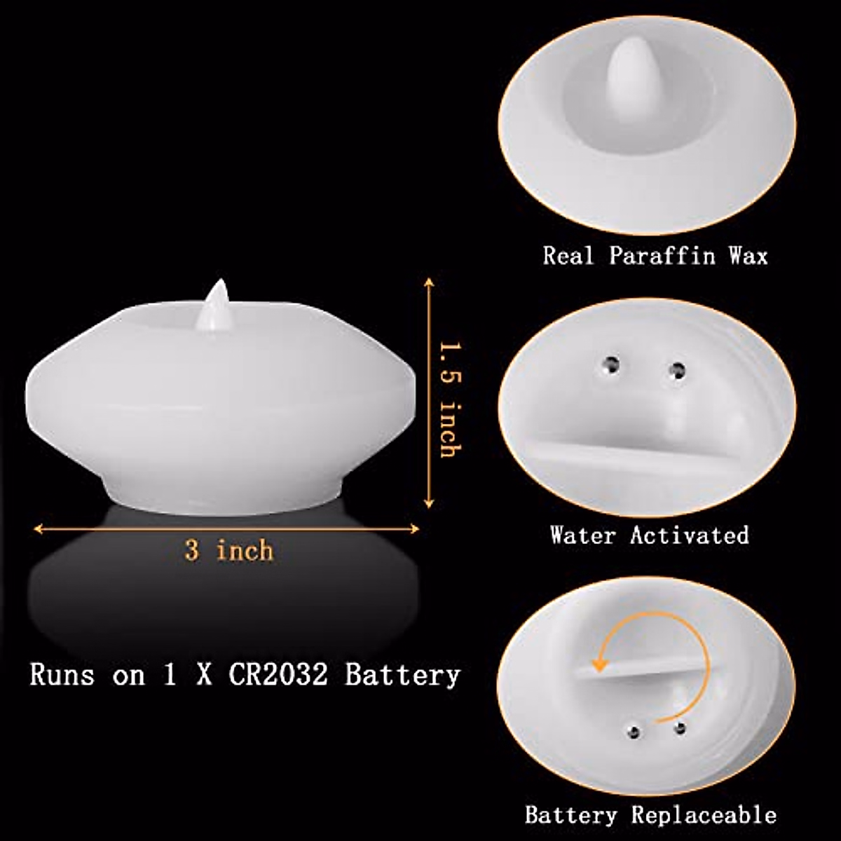 ARDUX LED Floating Candles, 3-inch Wax Waterproof Candle Tealight Night Light Flameless Candle with Battery-Powered for Wedding Party Decoration (Pack of 4)