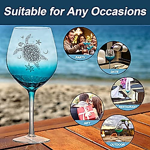 Hand Blown Wine Glasses for Red / White Wine, Set of 2 Turtle Burgundy Glasses, Gifts for Turtle Lovers Mother's Day, Teal Crackle Lead-Free Stemmed Glassware for Anniversary Wedding Birthday 19 Oz