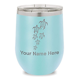 SkunkWerkz Wine Glass Tumbler, Sea Turtle Family, Personalized Engraving Included (Light Blue)