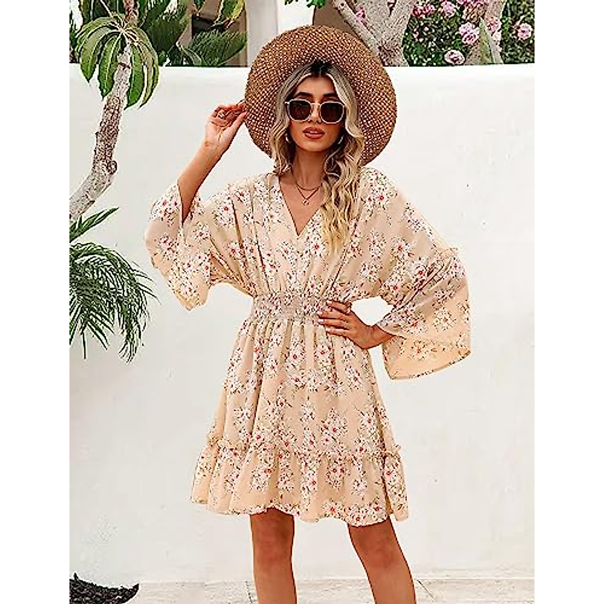Jollycode Summer Spring Dresses for Women 2023 Casual Boho Floral A-Line Mini Dress Flowy Chiffon Short Dress