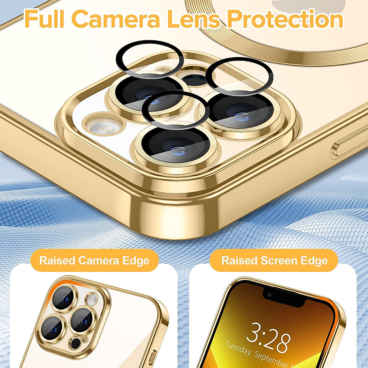 Hython Magnetic Clear for iPhone 13 Pro Max Case with Camera Lens Protector [Compatible with MagSafe] Plating Edge Slim Soft TPU Cover Protective Phone Case for iPhone 13 Pro Max 6.7", Gold