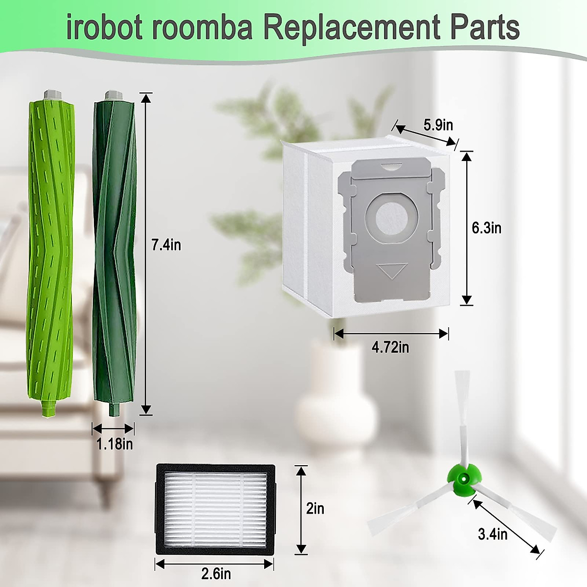 CauYien 26 Pack Replacement Parts accessories for iRobot Roomba i3 i3+ i4 i6 i6+ i7 i7+ E5 E6 E7 j7 I & E j Series Vacuum Cleaner,2 Set Rubber Brushes,8 Vacuum Filters,8 Side Brushes,8 Vacuum Bags