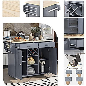FEELLE Kitchen Island Cart Rolling Mobile Kitchen Island Cart with 2 Storage Cabinets and 4 Locking Wheels, Wine Racks, Drawers, Spice & Towel Rack for Dining Room, Blue