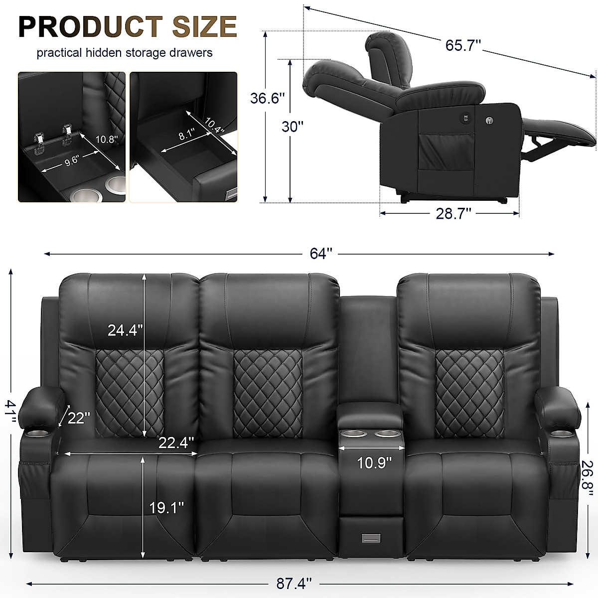 YONISEE 3 Seat Recliner Sofa, Large Reclining Sofa with Storage Console, Manual Reclining Chair with USB Ports, 2 Cell Phone Holder, 3 Seater Loveseat Recliner Couch for Living Room