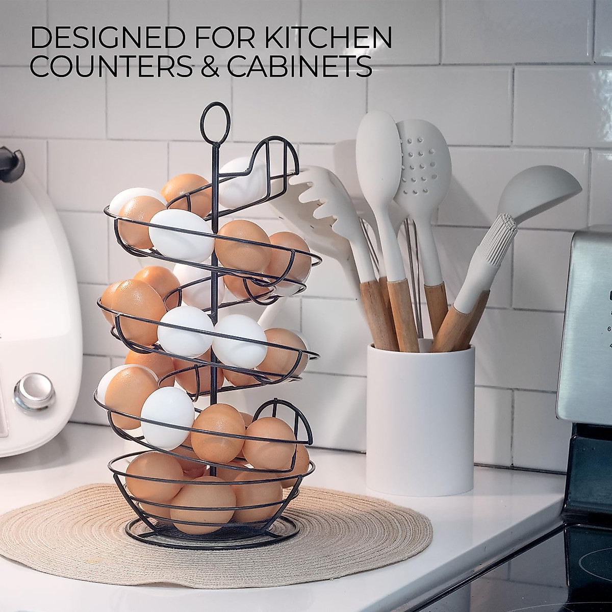 Fresh Egg Holder Countertop, Egg Skelter, Spiral Egg Holder with Storage Basket, Chicken Egg Holder, Large Capacity Egg Storage for Kitchen, Holds Up to 3 Dozen Eggs