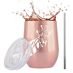 PDTXCLS Giraffe Gifts, 12oz Rose Gold Wine/Coffee Steel Tumbler/Mug with Premium Sliding Lid, Perfect Items for Women, Things for Animal Lover Glass Decor (Rose Gold)